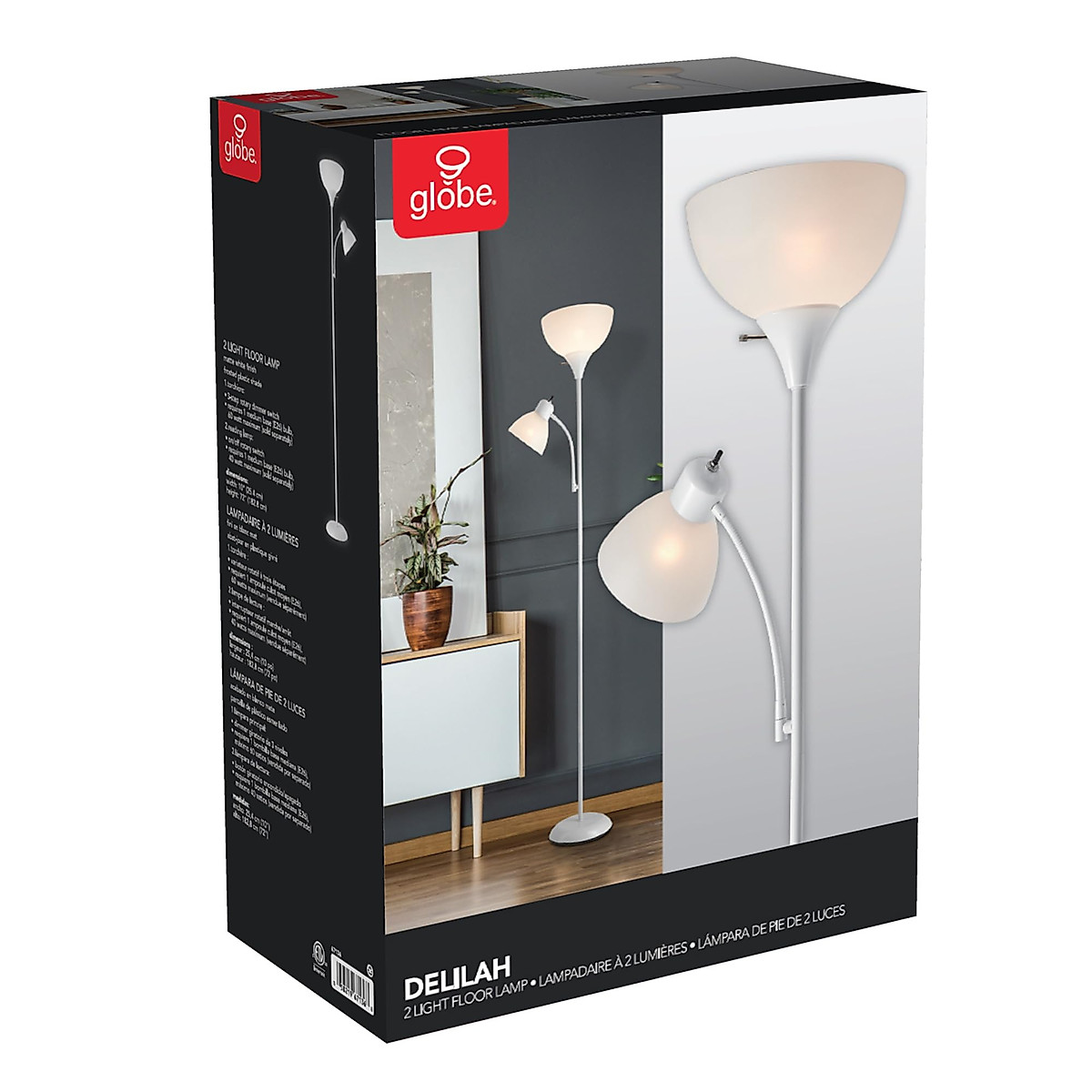 Globe Electric 67136 72" Torchiere Floor Lamp + Adjustable Reading Light, Matte White, Frosted Plastic Shade, 3-Step Rotary Switch on Floor Lamp Socket, Home Improvement, Home Office Accessories