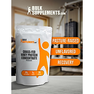 BulkSupplements.com Grass Fed Whey Protein Powder - Unflavored Whey Protein Powder, Grass Feed Whey Protein Concentrate - Gluten Free, 30g per Serving, 1kg (2.2 lbs) (Pack of 1)