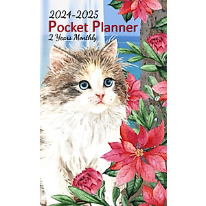 2 Years Monthly Pocket Planner 2024-2025: 24 Months JANUARY to DECEMBER Personalized Plan & Organizer Schedule, Appointment book Small Size for Purse with Watercolor Cat and Flowers - Cat Lover
