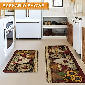 Farmhouse Kitchen Rugs and Mats Set of 2, Farm Rooster Kitchen Mat, Seasonal Holiday Cooking Sets Washable Non-Slip Floor Mats for Home Kitchen Decor - 17x29 and 17x47 Inch