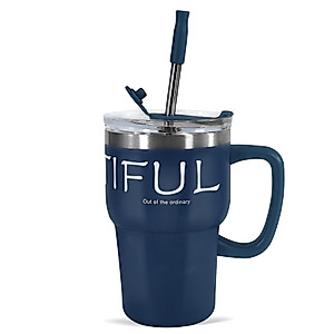 21 oz Insulated Coffee Mug Tumbler with Handle, Stainless Steel Travel Mug Tumbler with Lid and Straw, Coffee Travel Mug Spill Proof with Lid for Keep Hot/Ice Coffee, Blue