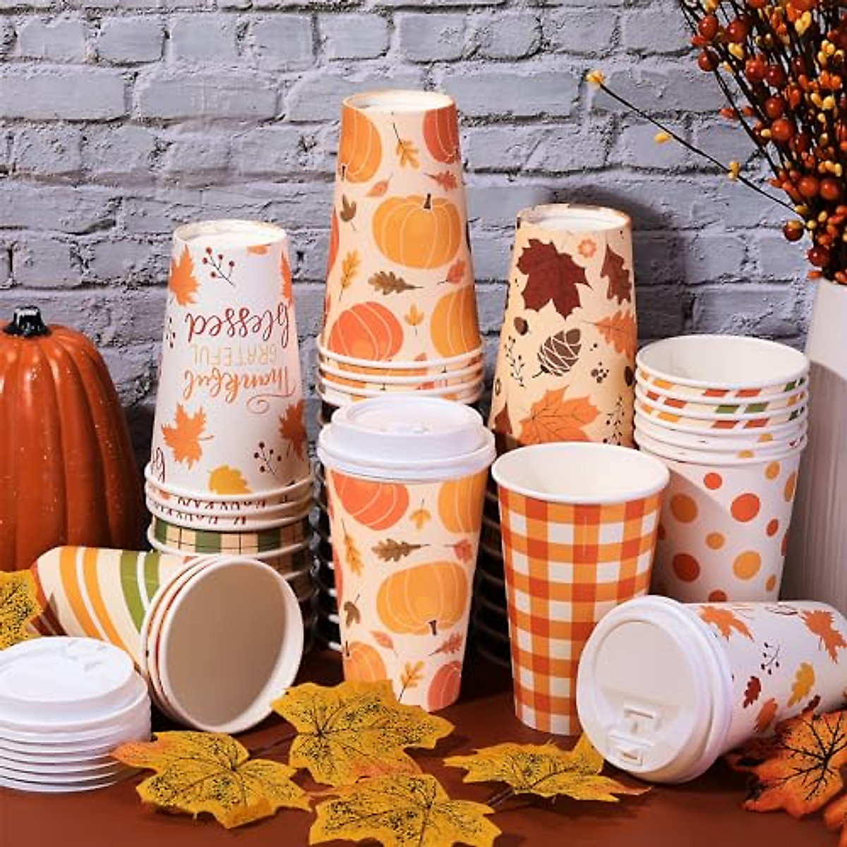 Umigy 120 Pack Fall Paper Coffee Cups 16 oz Thanksgiving Paper Hot Cup Coffee Cups Disposable with Lids and Stirrers Beverage Drinking Cup with 6 Designs for Juice Water Coffee Tea for Home Shops