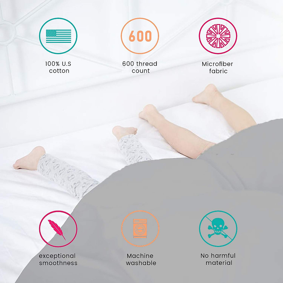 California Cotton Club 600 Thread Soft 1 Piece Duvet and 2 Piece Pillowcases Set - Breathable Pure Cotton Silky Satin Comforter Duvet Set with Button Closure for Luxury Bedding (Light Grey, Queen)