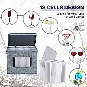 Norme 3 Pcs Wine Glasses Storage Box with Dividers, 12 Compartments Champagne Flute Storage Box with Lid Handle Window China Storage Containers Hard Glass Holder Packing Boxes for Moving
