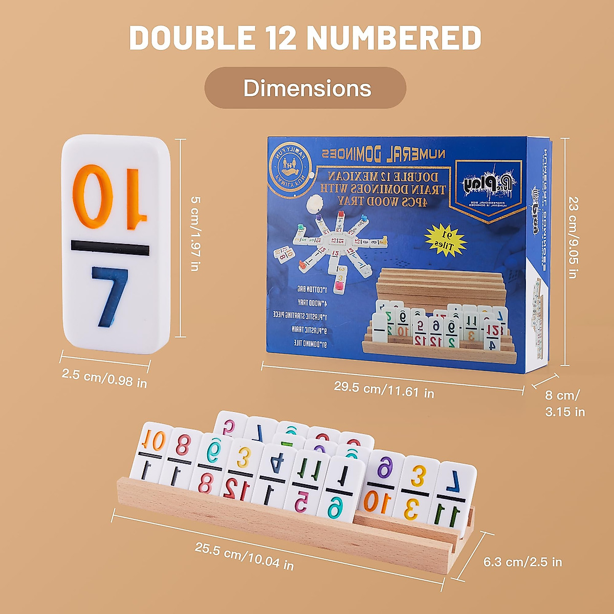 PUREPLAY Mexican Train Dominoes Set with Numbers - Double 12 Colored Number Dominoes - Includes 91 Tiles with 9 Trains, 4 Wooden Trays and Storage Bag for 2-8 Players Ages 8+