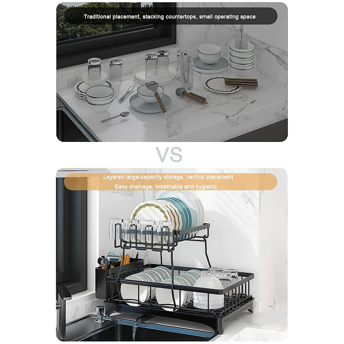 ZhenGuiRu Dish Drying Rack, 2-Tier Black Dish Racks for Kitchen Counter, Detachable Large Capacity Dish Drainer Organizer with Utensil Holder, Dish Drying Rack with Drain Board