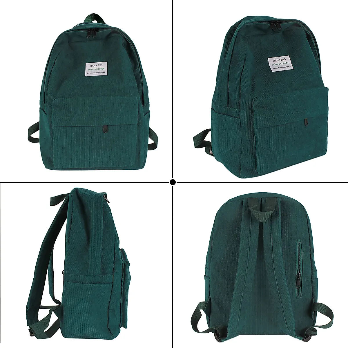 Van Caro Corduroy School Backpack Large College Backpack Casual Bookbag Laptop Backpack Computer Bag Travel Daypack for Girls Boys Teens,Black Green(no Pendant)