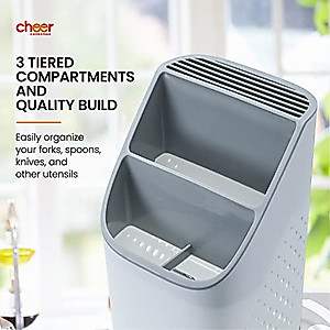 Cheer Collection Kitchen Utensil Organizer and Drainer, Cutlery Holder and Strainer with 3 Divided Compartments, Sink Flatware Caddy Countertop Organizer, Dishwasher Safe, White