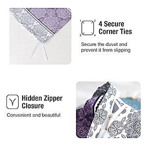 Lekesky Boho Duvet Cover Queen Size, Bohemian Purple Blue Retro Floral Print Comforter Cover Set, 3pcs Luxury Soft Microfiber Bedding Set with Zipper Ties