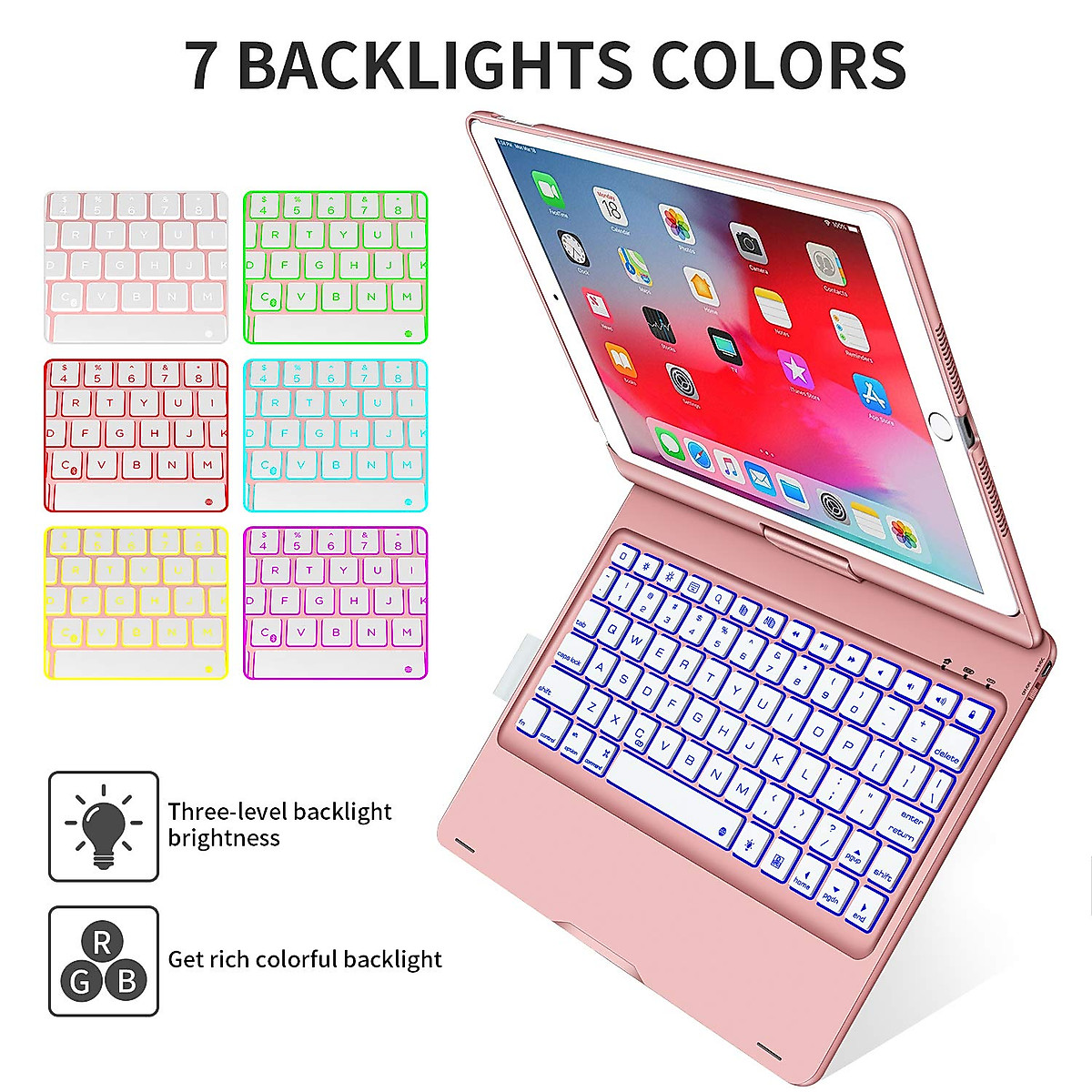 BABG iPad Keyboard Case for iPad 6th Gen 2018, iPad 5th Gen 2017, iPad Pro 9.7, iPad Air 2, iPad Air 1, 360 Screen Rotation 7 Colors Backlight iPad Case with Keyboard - Rose Gold