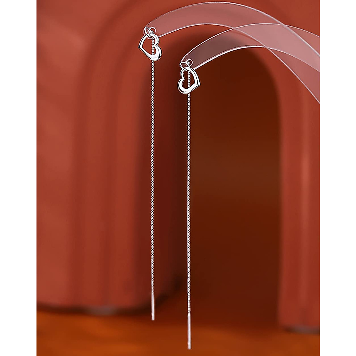 Reffeer Solid 925 Sterling Silver Love Heart Chain Dangle Earrings Tassel for Women Heart Dangle Earrings Threader Drops (A-Silver)