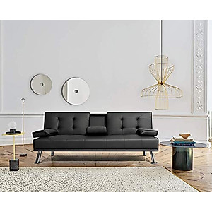 Flamaker Futon Sofa Bed Modern Faux Leather Couch, Convertible Folding Recliner Lounge Futon Couch for Living Room with 2 Cup Holders with Armrest