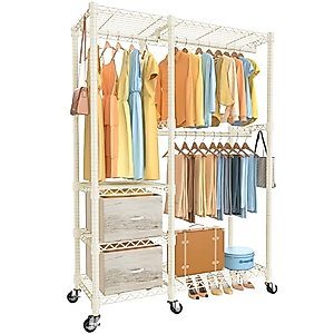 Memobarco Clothes-Rack, Metal Clothing-Rack, Heavy Duty Rolling Garment Rack with 4 Tiers Wire Shelving, 3 Hanging Rods & 2 Storage Drawers, Freestanding Portable Closet Wardrobe, White