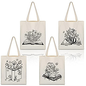 Oudain 4 Pcs Cat Tote Bag for Women Floral Book Space Mushroom Canvas Tote Bag Bulk Cute Aesthetic Library Shoulder Tote Bag (Floral)