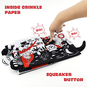 OKOOKO Soft Baby Book Black and White High Contrast Animals Tails Book Bath Book Montessori Sensory Stroller Toy Non-Toxic Crinkle Washable Early Education for Baby Infant Toddler