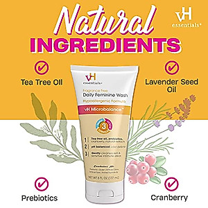 vH essentials Daily Feminine Wash - Fragrance Free, Hypoallergenic with Tea Tree Oil & Prebiotic - For Ph Balance, Intimate Odor Block, Vaginal Health - Gentle Formula Body Care - 6 Fl Oz