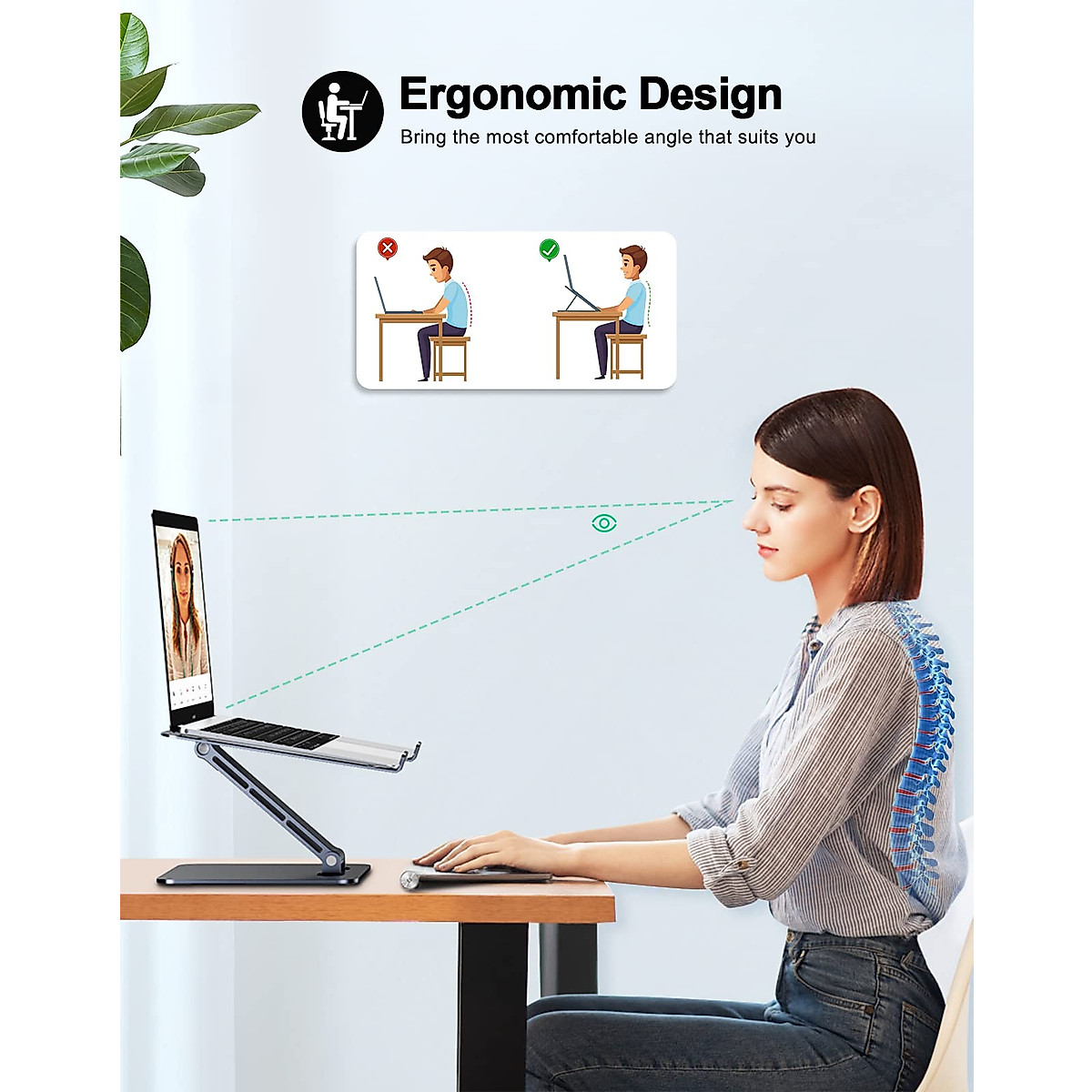 RIWUCT Foldable Laptop Stand, Height Adjustable Ergonomic Computer Stand for Desk, Aluminum Portable Laptop Riser Holder