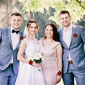 4 Pcs Corsage and Boutonniere Set, 2 Rose Wrist Corsage Wristlet Band Bracelet for Prom and 2 Boutonniere for Men Wedding Groom Flowers Accessories Suit Decoration (Burgundy)