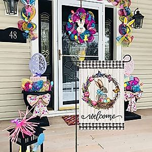 Baccessor Easter Bunny Garden Flag Double Sided Tulip Wreath Welcome Buffalo Plaid Egg Cute Rabbit Yard Flag for Spring Holiday Outdoor Outside Decoration 12.5x18 Inch