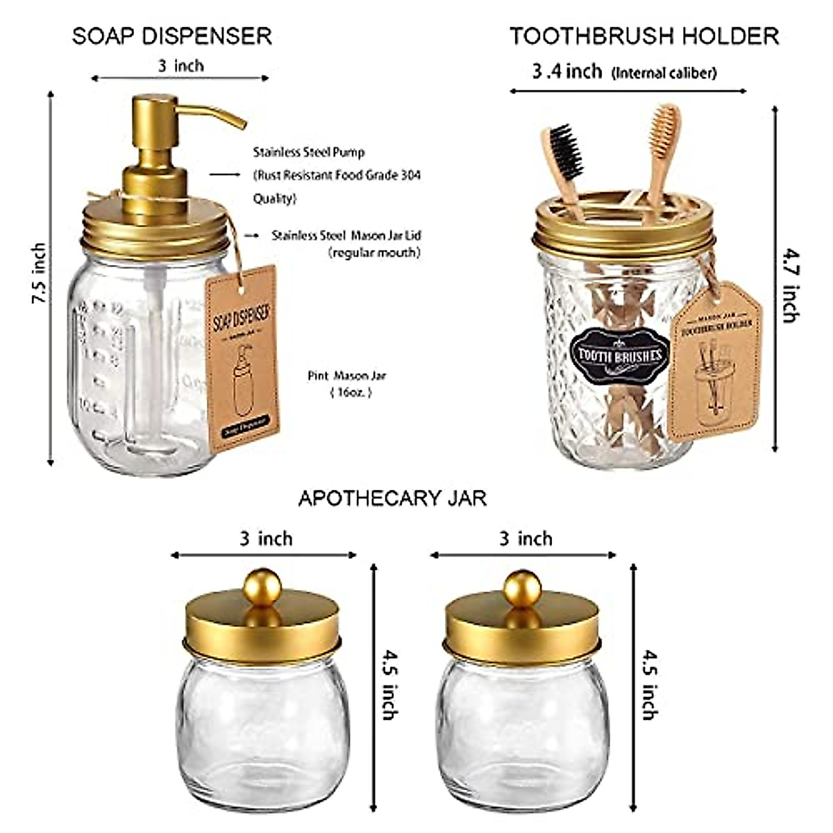 Amolliar 4PCS & 2pcs Gold Mason Jar Bathroom Accessories Set-3pcs Lotion Soap Dispenser & 2 pcs Cotton Swab Holder &1pcs Toothbrush Holder,Waterproof Stickers,Rustic Farmhouse Decor