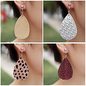 9 Pairs Faux Leather Clip on Earrings for Women Dangle- Long Teardrop Seashell Leather Clipon Earrings-Non Piercing Earrings Set for Women (#7)