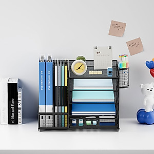 Lavatino Desk Organizer with File Holder, 5-Tier Paper Letter Tray Organizer with Sliding Drawer and 2 Pen Holder, Mesh Desktop File Organizer for Office Supplies (Black)