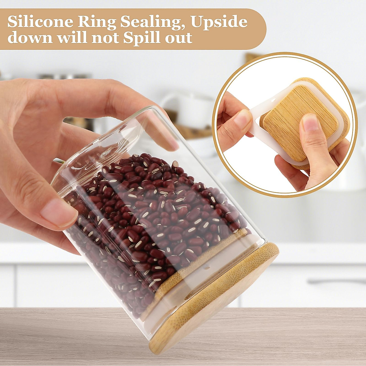 QLoztyse Glass Jars with Bamboo Lids - 9oz Glass Canisters with Airtight Lids Clear Pantry Storage Containers Small Square Glass Canister Set for Kitchen Spice (Set Of 10)