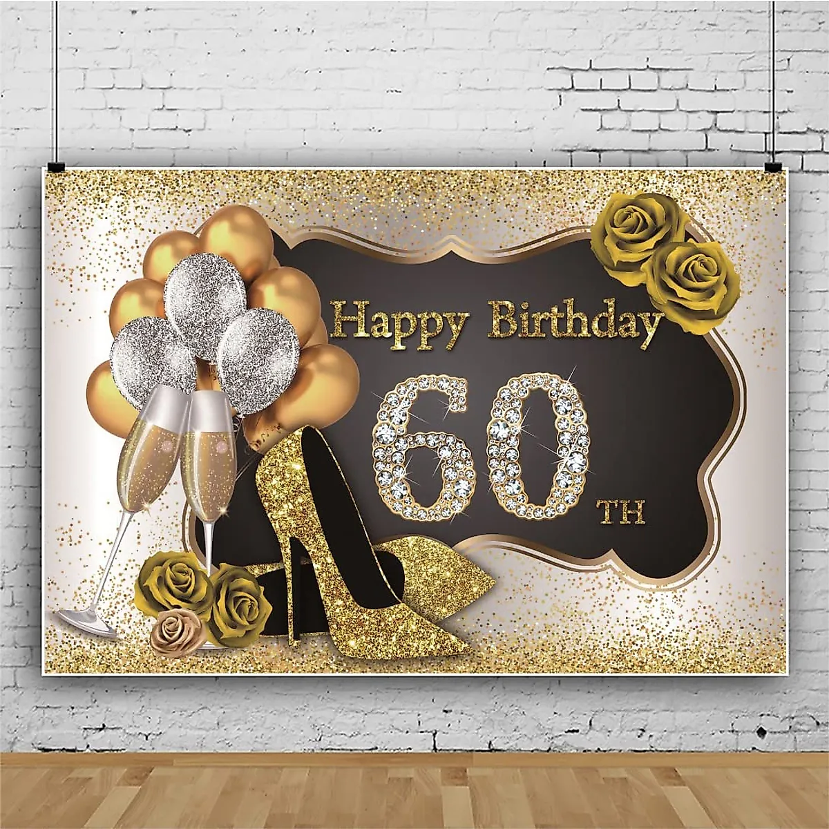 DORCEV 10x8ft Photography Backdrop for Woman Happy 60th Birthday Party Decor Luxury Gold Black Backdrop Banner Glitters Heels Roses Balloons Photo Background Mother Grandma Birthday Party Props