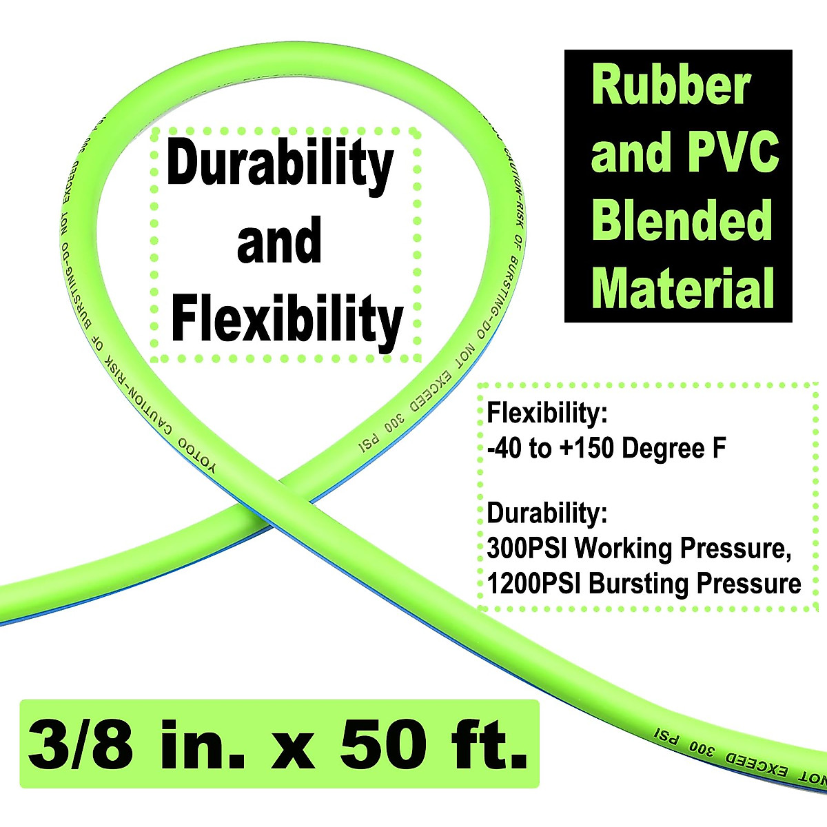 YOTOO Air Hose 3/8 in x 50 ft, Heavy Duty Hybrid Air Compressor Hose, Flexible, Lightweight, Kink Resistant with 1/4" Industrial Quick Coupler Fittings, Bend Restrictors, Green+Blue