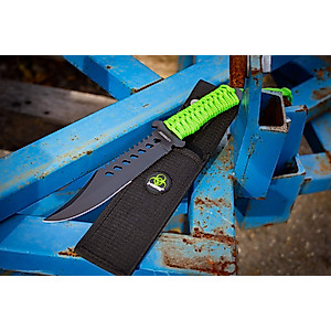 Z-Hunter – Fixed Blade Survival Knife – Partially Serrated Black Steel Blade with Sawback, Full Tang, Green Cord Wrapped Handle w/Lanyard, Nylon Sheath, Outdoor, Hunt, Camp, Hike, Survival, ZB-103