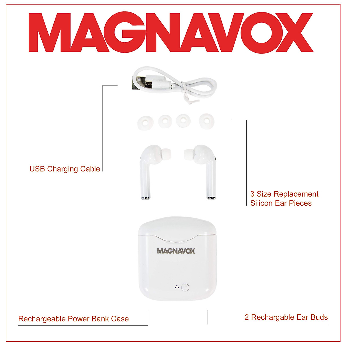 Magnavox MBH570 Bluetooth Mini Wireless Ear Buds with Charging Case in White