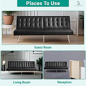 Naomi Home Tufted Split Back Futon Convertible Sofa Bed, Futon Couches for Living Room, Faux Leather Futon Couch Bed with Chrome Legs, Folding, Reclining Small Convertible Sofa Bed, Black