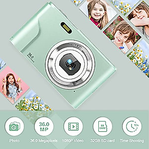 Digital Camera for Kids Boys and Girls - 36MP Children's Camera with 32GB SD Card, Full HD 1080P Rechargeable Electronic Mini Camera for Students, Teens, Kids(Green)