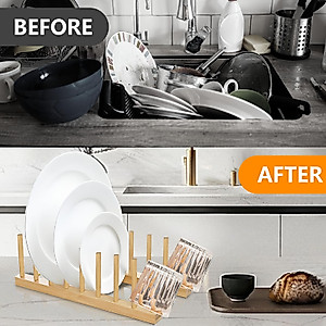 SAMEBUTECO Bamboo Wooden Dish Racks Plate Stand Holder Kitchen Cabinet Organizer 8 Slots Dish, Pots, Lids, Bowls, Cups, and Cutting Boards and Books Vertical Drainer
