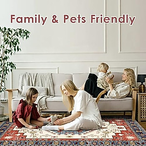 CHOSHOME Washable Rug - 5x7 Vintage Medallion Area Rugs with Non-Slip Backing Soft Stain Resistant Non-Shedding Low-Pile Floor Carpet Mat for Living Room Bedroom Kitchen Home Office,Red