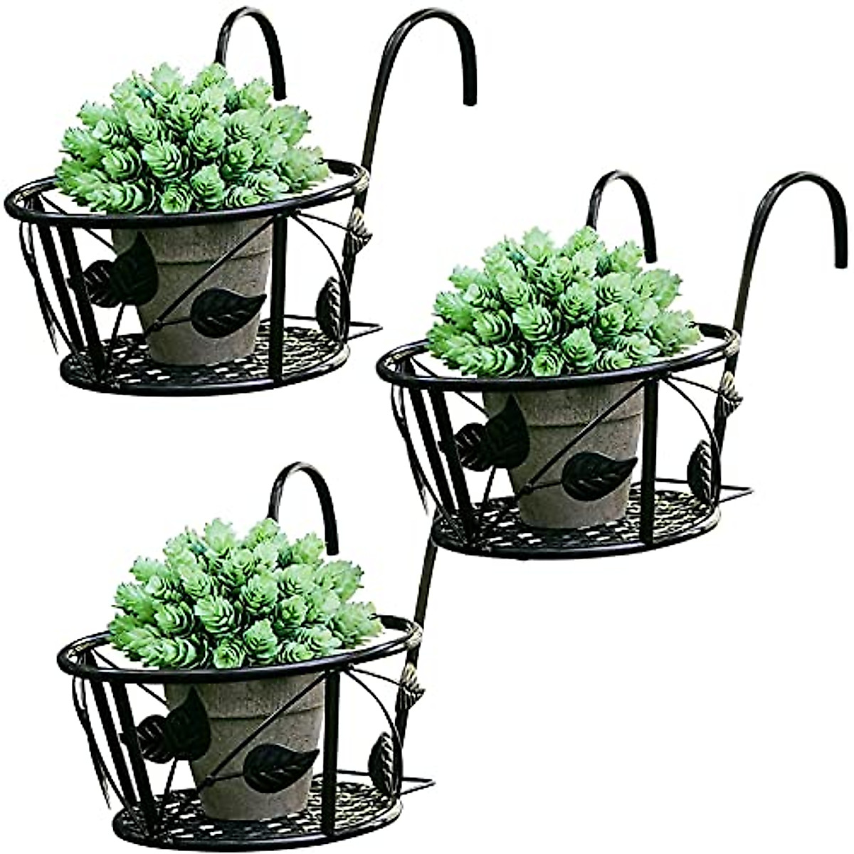 Tosnail 3 Pack 8" Railing Planter Holder Hanging Flower Stand Balcony Deck Fence Flower Plant Pots Holder for Indoor Outdoor Use - Black