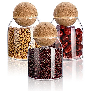 3 Pcs Cork Glass Jar Glass Bottle Sealed Jar Nut Storage Jar Coffee Bean Jar Glass Container with Ball Cork Round Glass Bottles with Cork Glass Canisters with Airtight Seal Wooden Lid (500 ML/ 17 Oz)