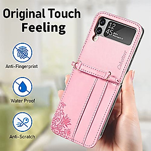 Cabottser Case for Samsung Galaxy Z Flip 3 / Z Flip 4 Wallet Phone Case Lanyard Crossbody, Pink Women Men Soft PU Leather Hard PC Adjustable Strap Card Slots Shockproof Flip Cover for Z Flip 3/4