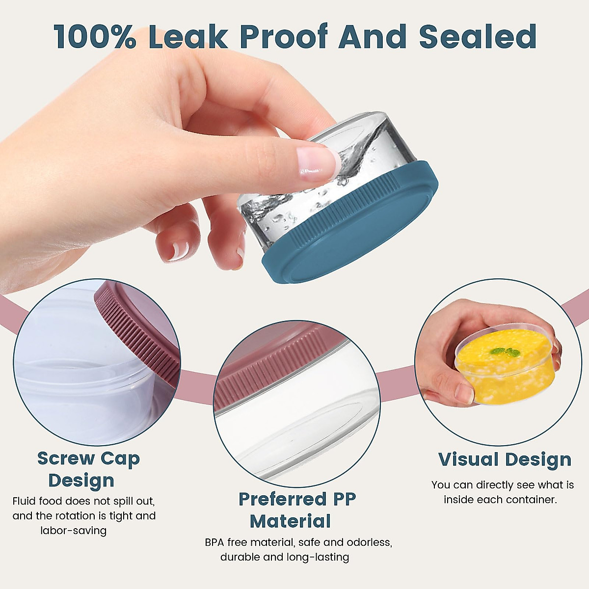 LELE LIFE 8Pcs Leakproof Salad Dressing Container to Go, 1.7oz and 2.5oz Condiment Containers with Screw Lids, Small Dipping Sauce Cups for Lunch Box, Dishwasher Safe