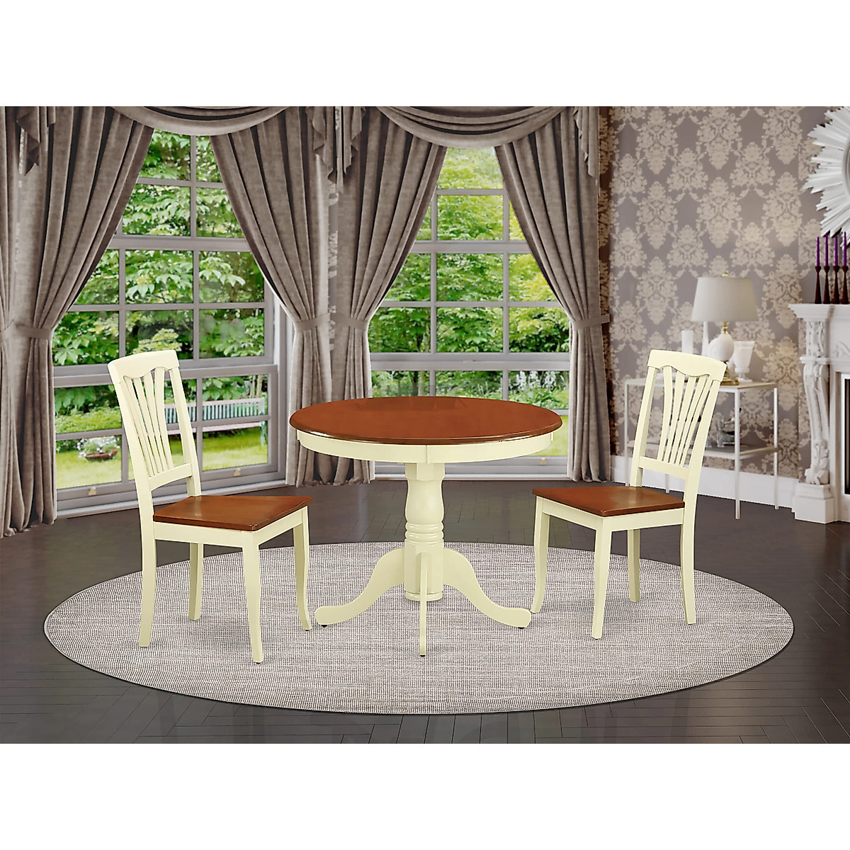 East West Furniture ANAV3-WHI-W 3 Piece Dinette Set for Small Spaces Contains a Round Room Table with Pedestal and 2 Kitchen Dining Chairs, 36x36 Inch, Buttermilk & Cherry