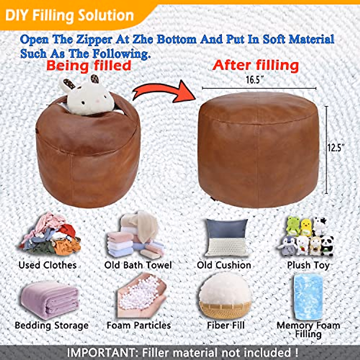 Thgonwid Unstuffed Faux Leather Pouf Cover, Handmade Footstool Ottoman Storage Solution, Floor Footrest Cushion - 16.5”x12.5”, Amaretto