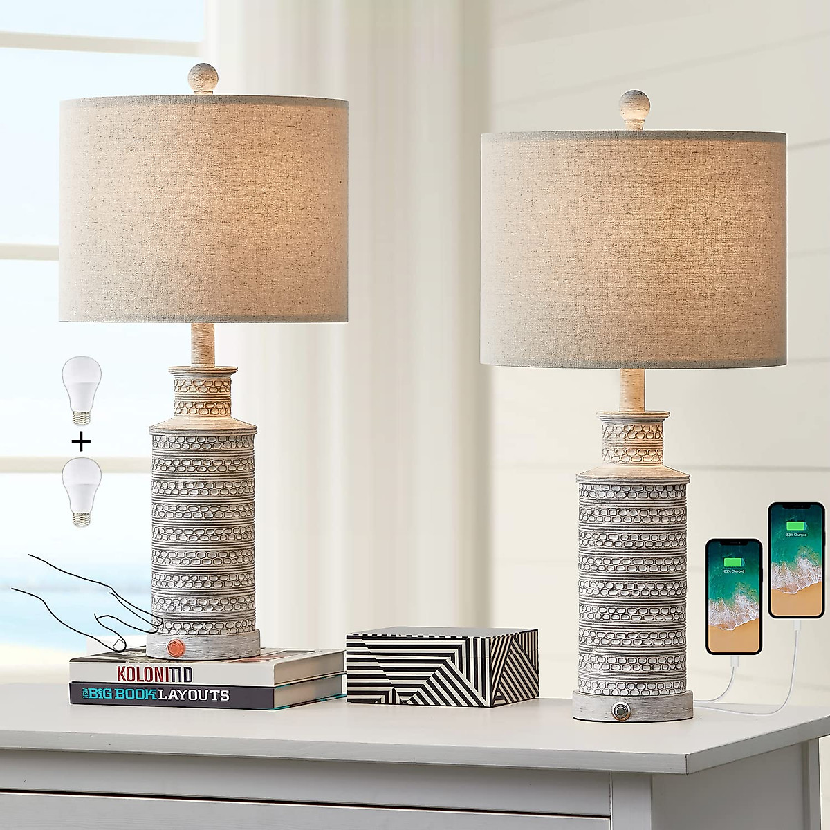 BOBOMOMO 3-Way Dimmable Touch Control Table Lamp Set of 2 with Dual USB Charging Ports for Bedroom Living Room Vintage Rustic Farmhouse Traditional Nightstand Bedside Lamps(Bulbs Included)