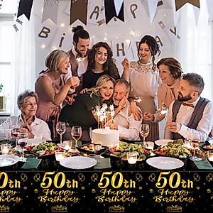 PHOGARY 50th Birthday Party Decorations Tablecloth, 3 Pack Happy Birthday Table Cover for Women Men, Bday Anniversary Theme Party Supplies Black and Gold Rectangular Tablecloths 54 × 108 in