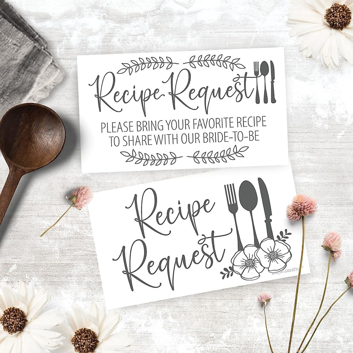 50 Bridal Shower Recipe Request Cards - Laurel and Utensil Silhouette Design - Invitation Inserts