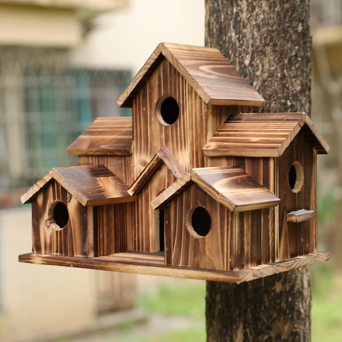 Wooden Bird Houses for Outside Hanging Clearance,6 Hole Handmade Natural Bird House for Backyard/Courtyard/Patio Decor,Large