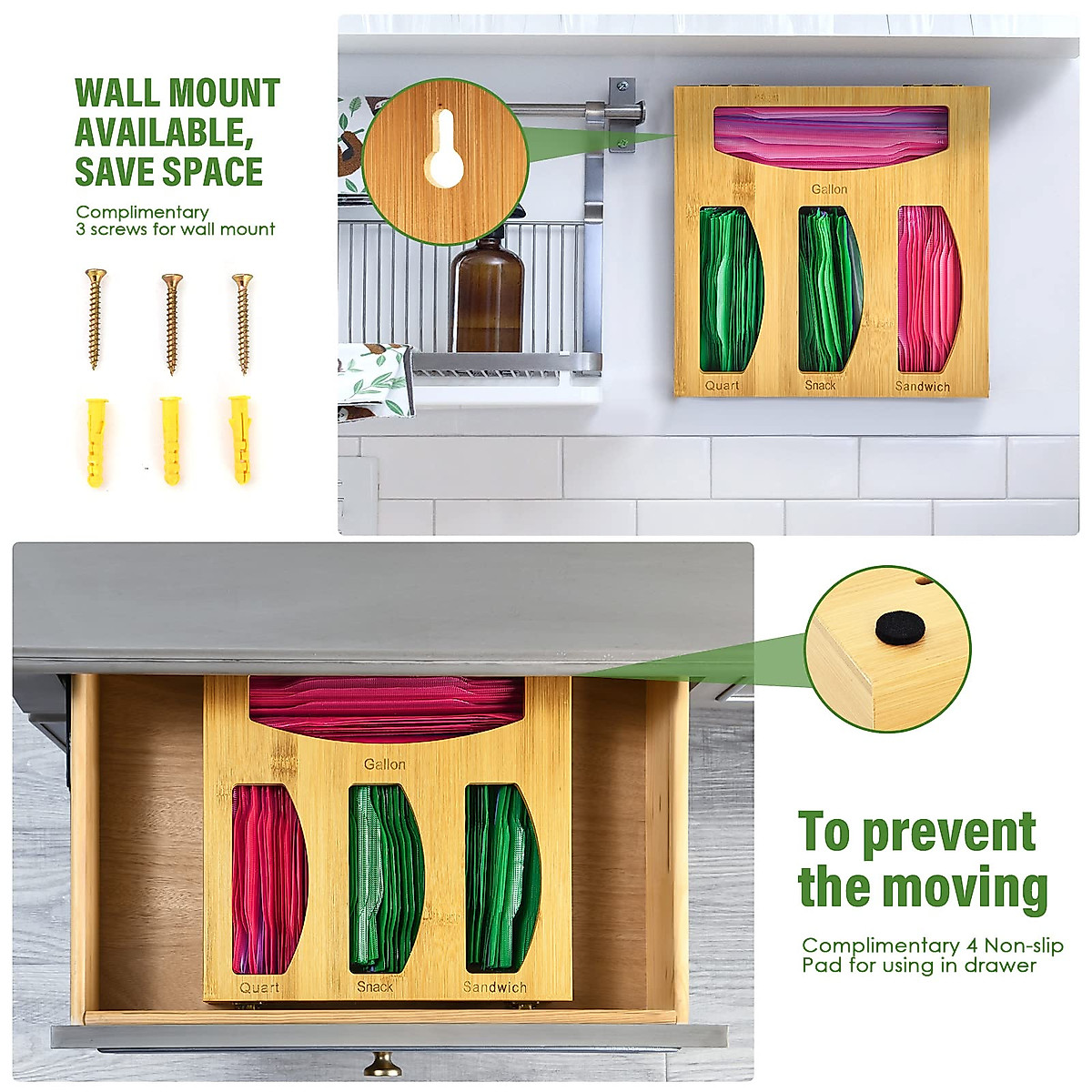 QXKAKA Ziplock Bag Organizer for Drawer, Kitchen Drawer Bamboo Organizer-Clamshell Plastic Bag Organizer, Wall Mounted Baggie Organizer, Ziploc Bag Organizer for Gallon, Quart, Sandwich, Snack