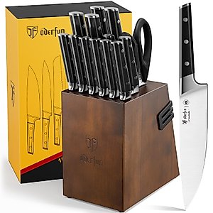 ODERFUN Kitchen Knife Set with Block, 15PCS Full Tang Knife Block Set with Built-in Sharpener, High Carbon Stainless Steel Knives Sets for Kitchen, Razor Sharp Kitchen Knives with Box