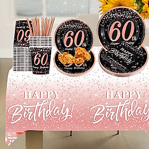60th birthday decorations for women - (Total 121pcs) rose gold Birthday supplies Plates and Napkins, Cups, Straws, tablecloth, Disposable Tableware for 24 Guests