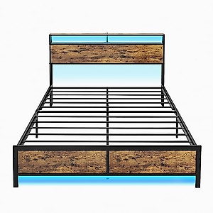 Industrial Modern Full Size Bed Frame with LED Lights and 2 USB Ports,with Wood Shaving Headboard and Platform Bed Frame,Bearing Capacity Up to 900 (Full, Rustic Brown)