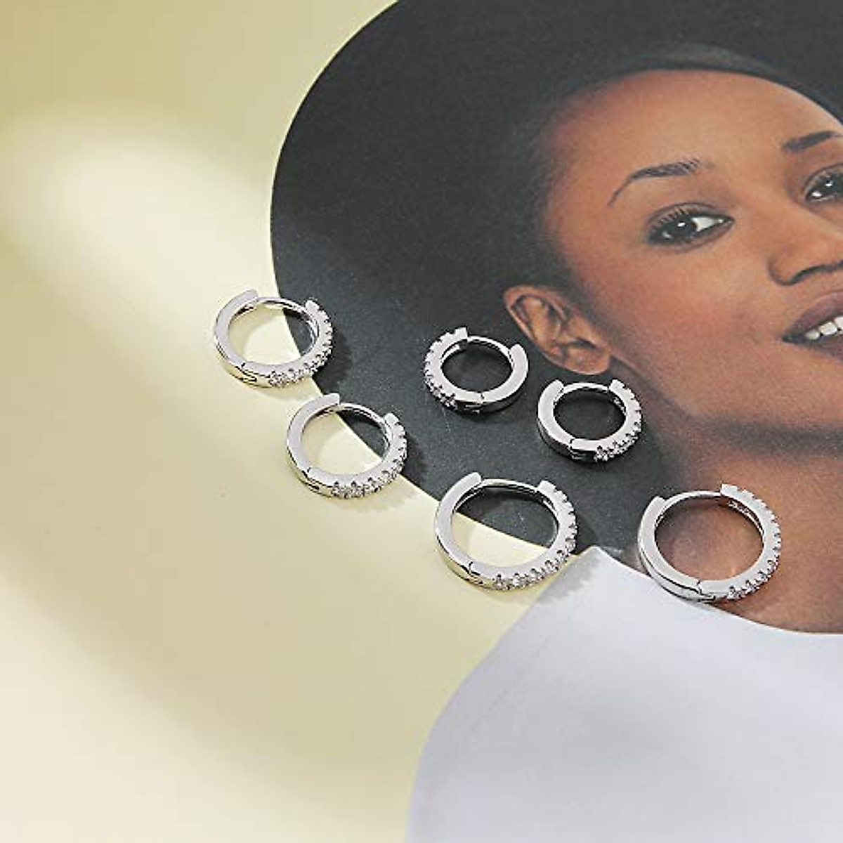 micuco 3 Pairs Small Hoop Earrings Tiny Cartilage Earrings for Women Cubic Zirconia Earrings White Gold Plated Huggie Hoop Ear Piercing Earrings for Men Silver Plated 8mm 10mm 12mm